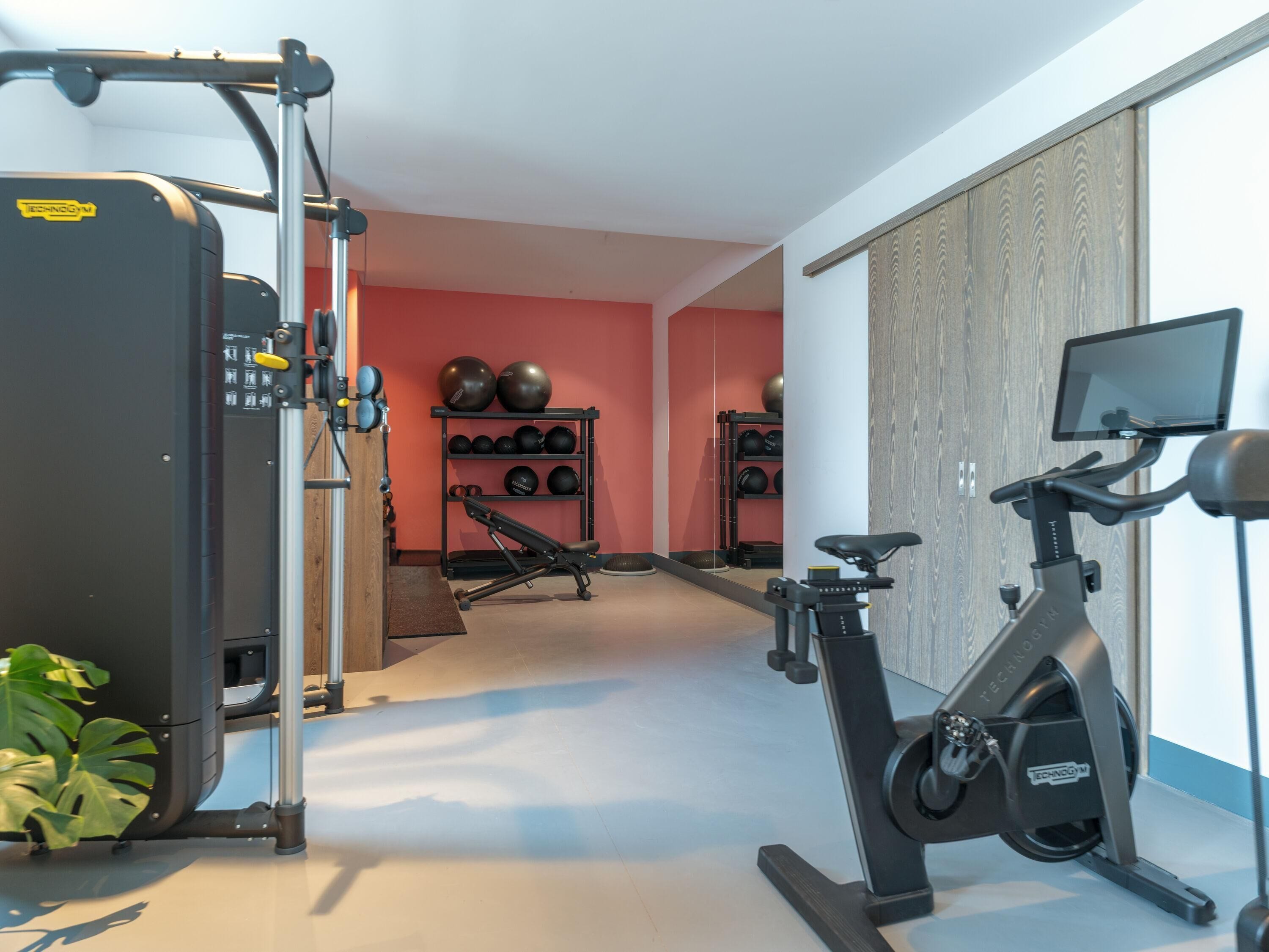 Uma academia em casa com uma bicicleta ergométrica, um banco de musculação, um suporte para agachamento e uma prateleira com bolas de exercício.
