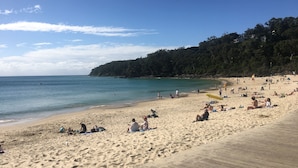 Uma praia arenosa com uma passarela de madeira, pessoas relaxando e uma bandeira de salva-vidas.
