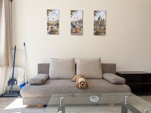 Uma sala de estar com um sofá, um cachorro e três quadros na parede.