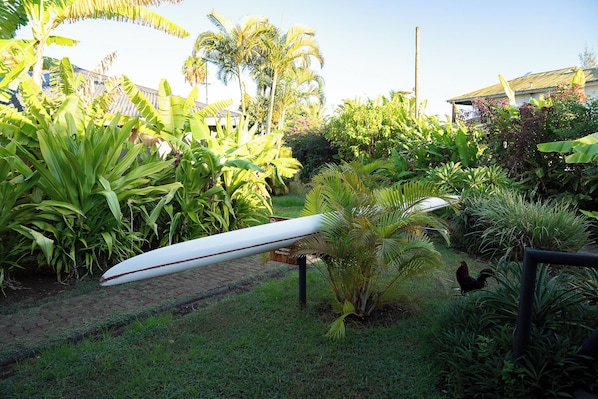 Um jardim com uma prancha de surf branca encostada a um poste, rodeado por plantas tropicais exuberantes e um galo.