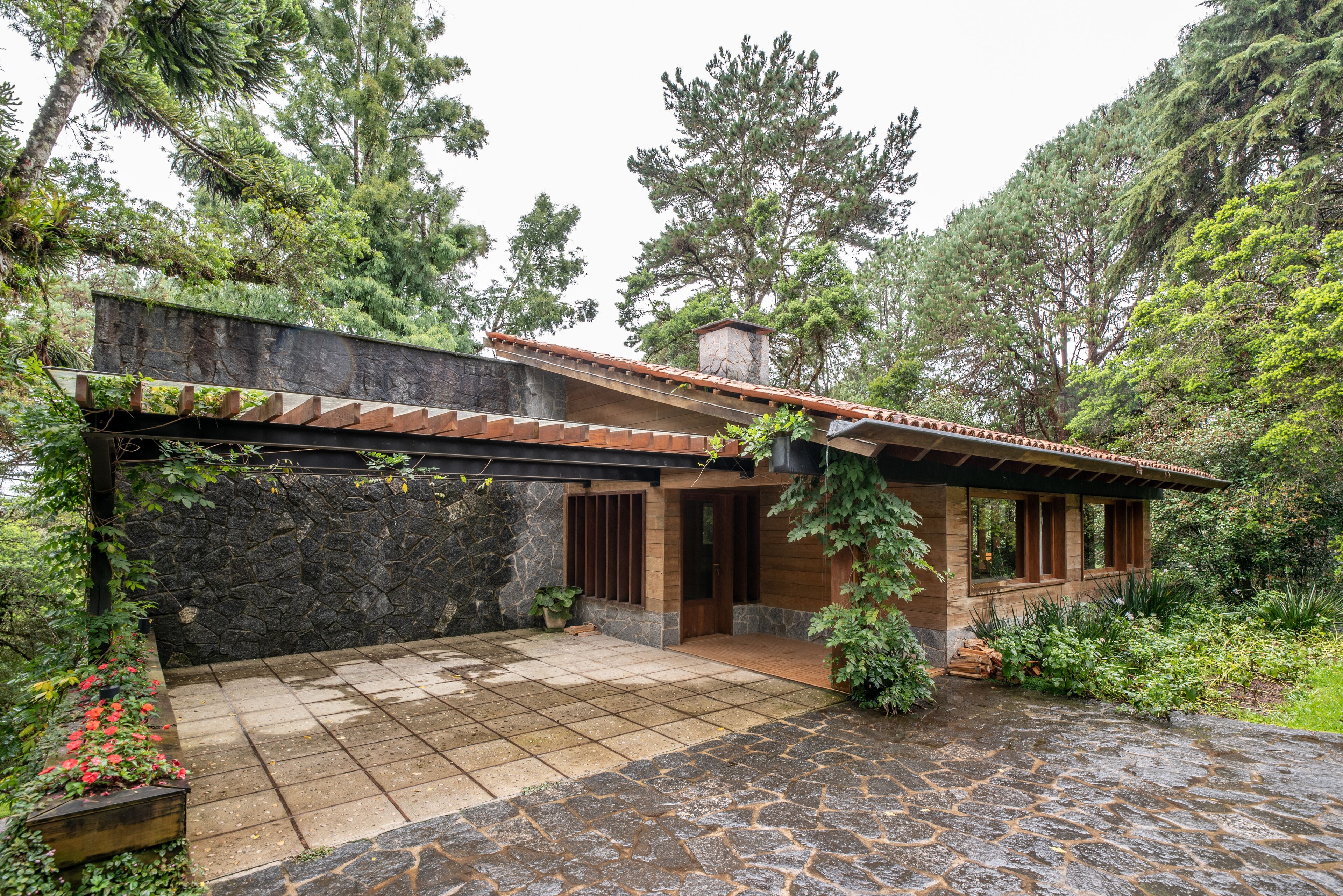 Uma casa moderna com fachada de pedra, um pátio com azulejos e vegetação exuberante ao redor.