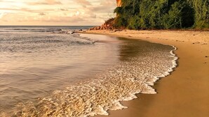 Uma praia com ondas suaves, areal arenoso e um penhasco com vegetação.