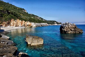 Perto da praia, espreguiçadeiras, guarda-sóis de praia 