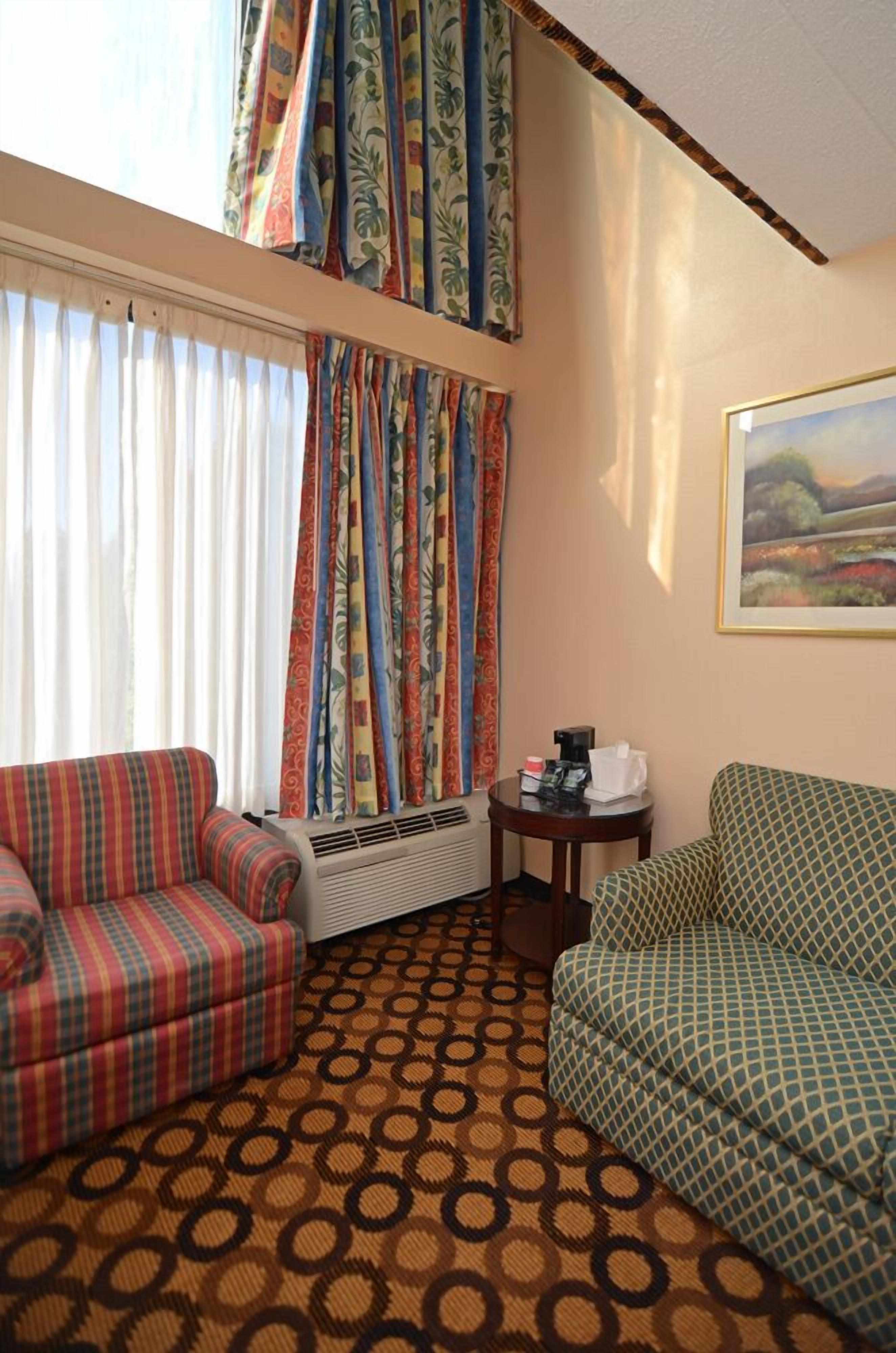 Uma sala de estar com dois sofás estampados, um radiador, uma mesinha com objetos e um quadro na parede.