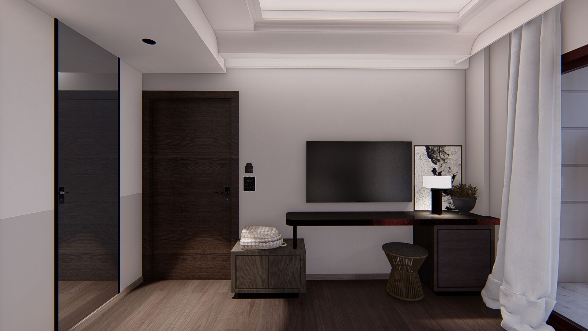 Quarto moderno e minimalista com porta de madeira escura, uma televisão de tela plana grande fixada na parede, uma mesa redonda pequena e um banco.
