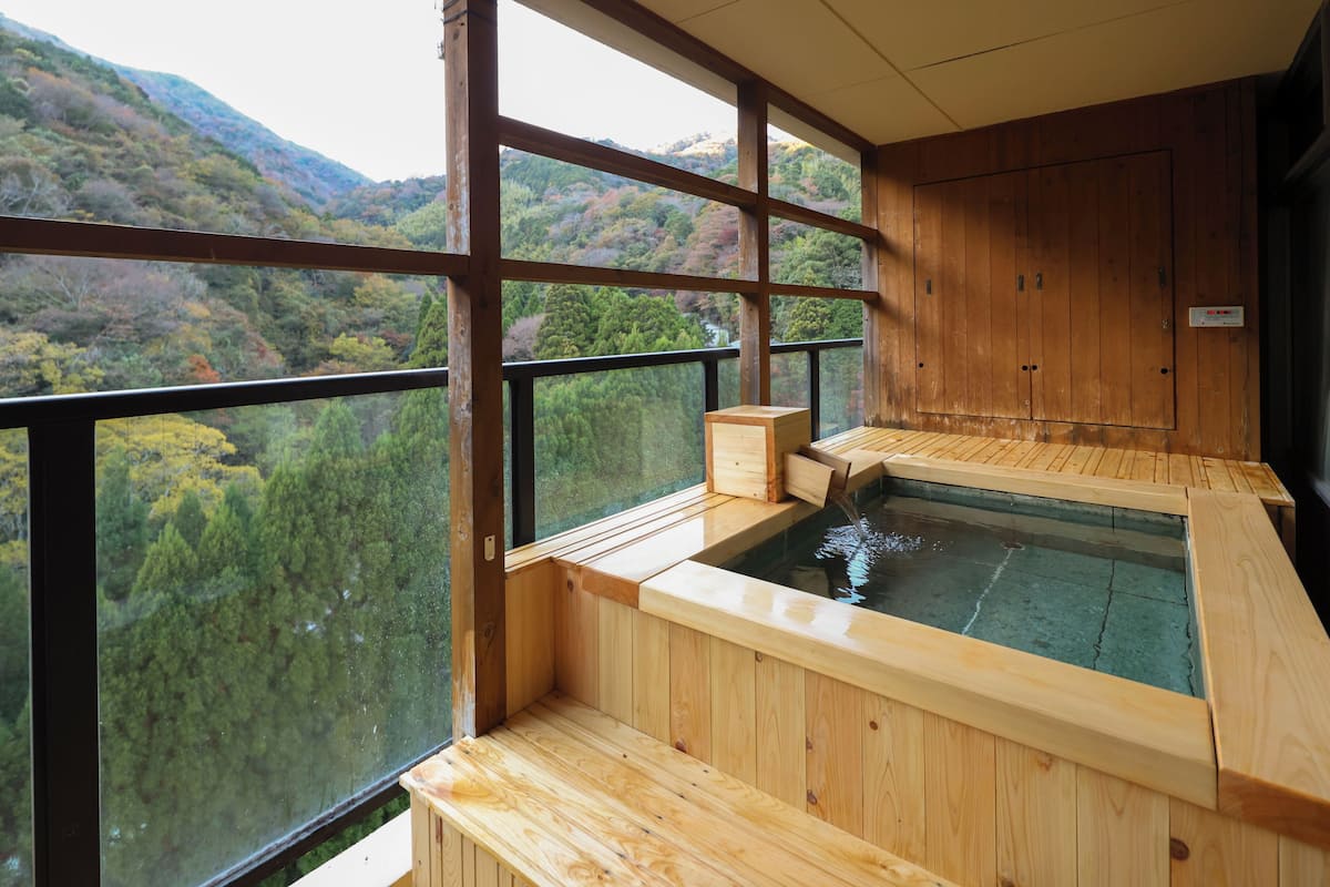 Um quarto de spa em madeira com vista para uma montanha arborizada.