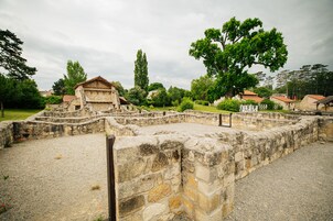 Estrutura antiga de pedra com um edifício central e muralhas ao redor, cercada por vegetação e árvores.