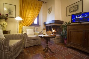 Apartamento luxo | Área de estar | TV, lareira