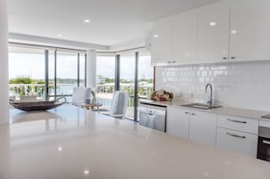 Apartamento Deluxe, 2 quartos | Cozinha privada | Uma cafeteira/bule, um frigorífico/congelador grande, um micro-ondas