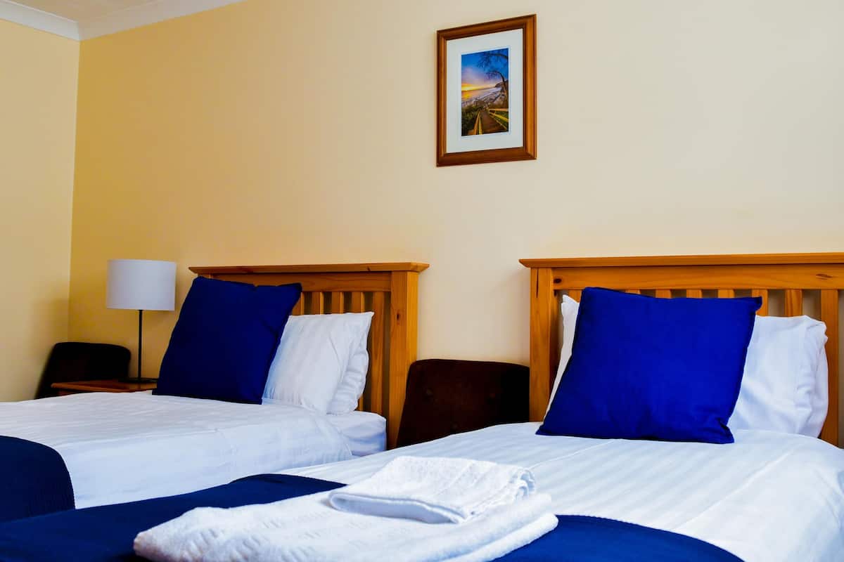 Quarto de hotel com duas camas, cada uma com roupa de cama azul e branca, cabeceira de madeira e um quadro na parede.
