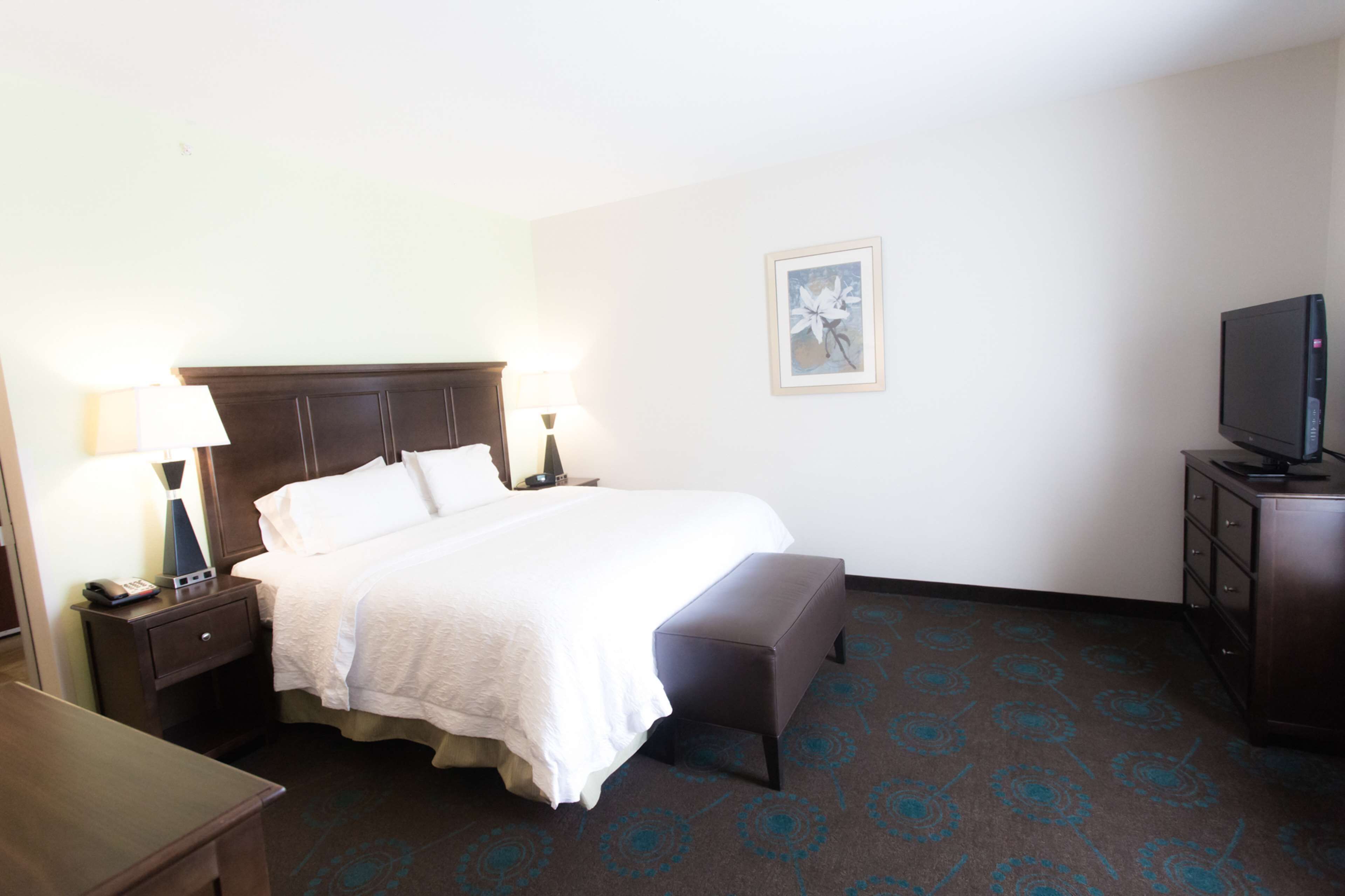 Quarto de hotel com cama, luminárias de cabeceira, televisão, um banco e um tapete com padrão floral.