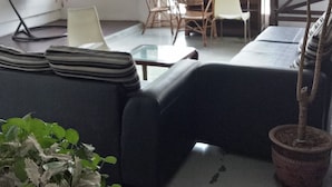 Quarto com sofá, cadeiras, mesa de jantar e planta pendente.