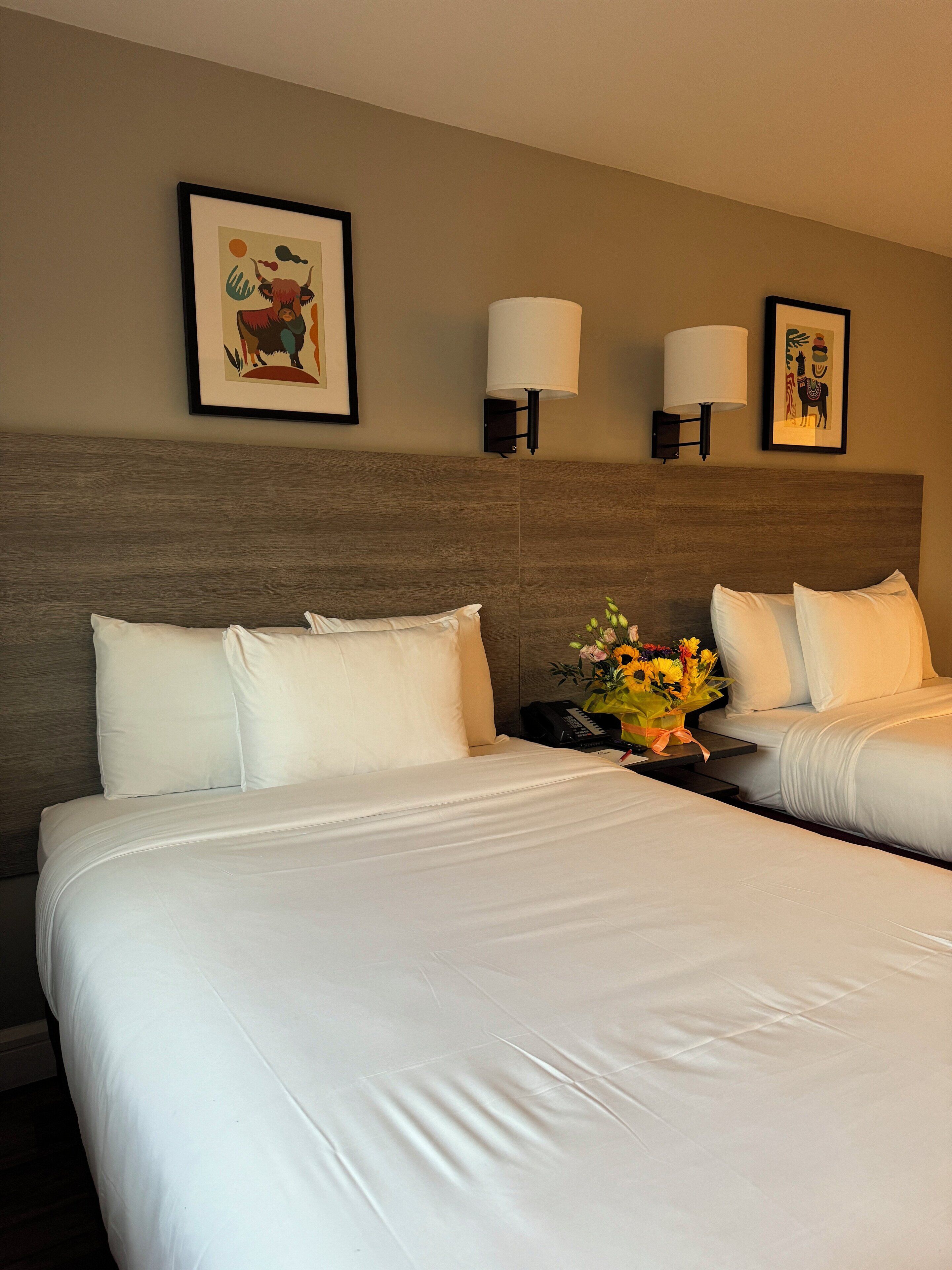 Quarto de hotel com duas camas, uma cabeceira de madeira, duas luminárias fixadas na parede e obras de arte emolduradas nas paredes.