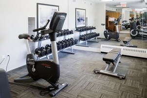 Uma academia com equipamentos de cardio, halteres e bancos.