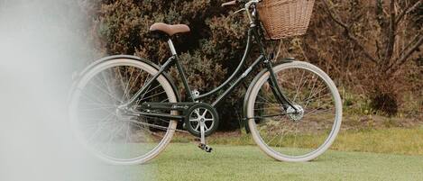 Uma bicicleta ergométrica com cesto de vime, posicionada numa área gramada com árvores ao fundo.