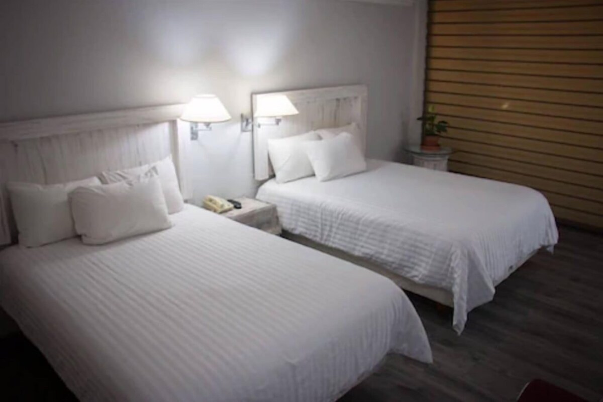 Quarto de hotel com duas camas, cada uma com roupa de cama branca e cabeceiras, mesas de cabeceira com abajures e um pequeno vaso de plantas.