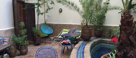 Um pátio com piscina, área de estar e plantas em vasos.