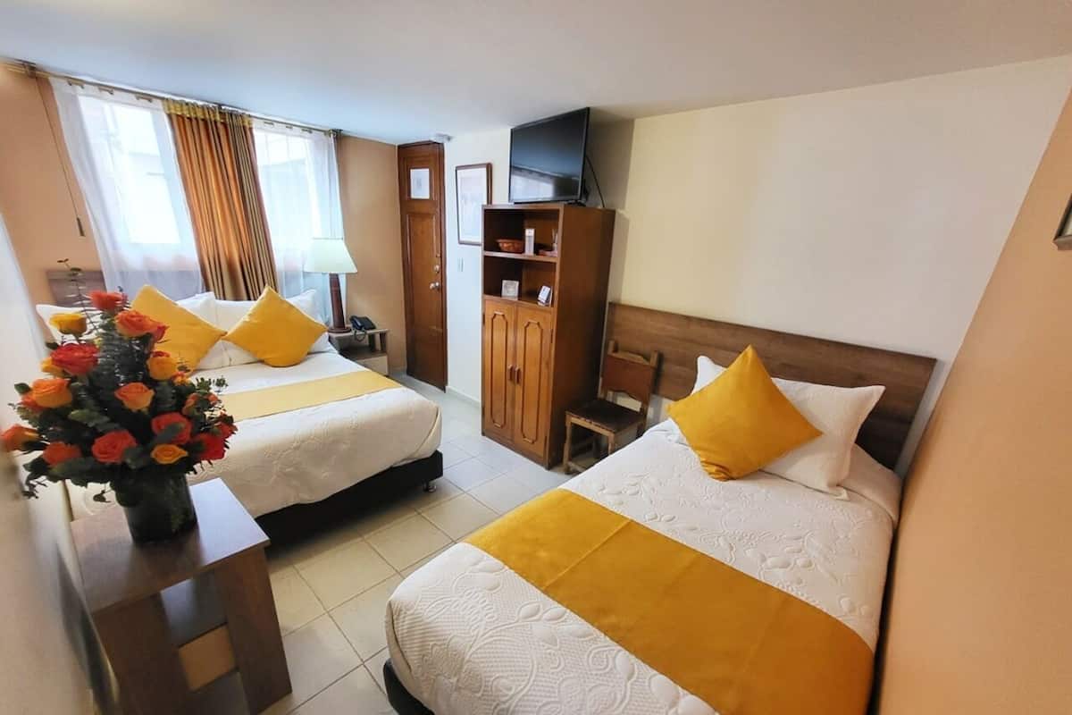 Quarto de hotel com duas camas, televisão, guarda-roupa de madeira e uma pequena mesa com um vaso de flores.