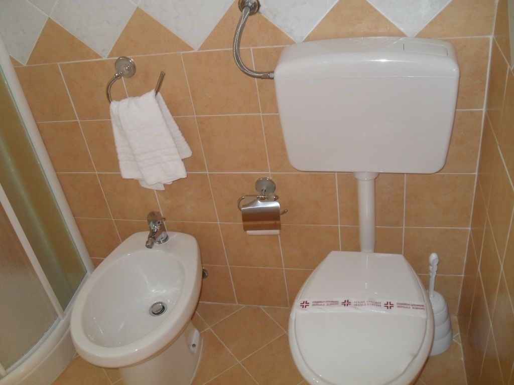 Casa de banho com bidé, sanita e porta-toalhas.