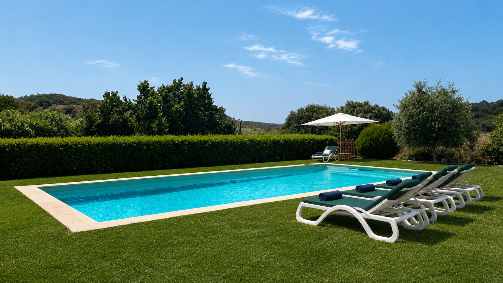 Piscina externa sazonal, espreguiçadeiras