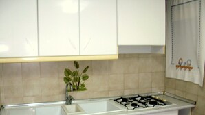 Cozinha com armários brancos, fogão a gás, pia e um vaso com planta.