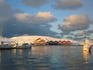 Um edifício à beira-mar com uma colina coberta de neve ao fundo, barcos atracados e céu claro.