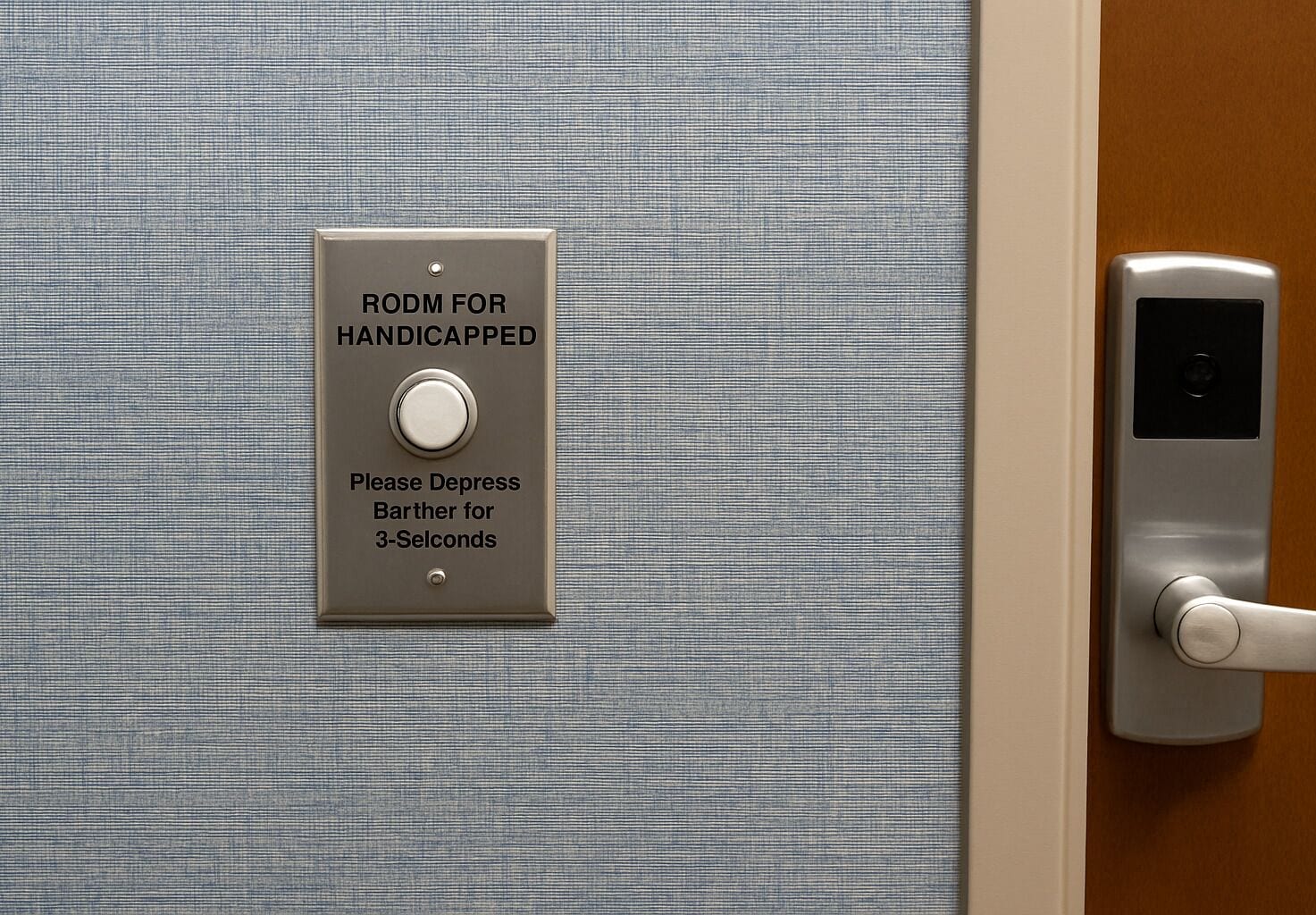 Uma porta com placa indicando aposento para pessoas com deficiência e um botão para acionar a abertura por 3 segundos.