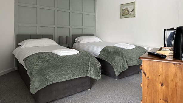 Quarto de hotel com duas camas, uma cômoda de madeira, uma televisão e um quadro na parede.