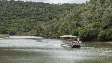 Um barco com toldo e boias salva-vidas em um rio calmo, rodeado por mata densa.
