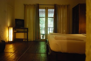 Quarto com cama, televisão sobre uma mesinha e vista para o verde através de uma porta.