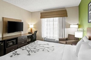 Quarto de hotel com cama, escrivaninha com televisão de tela plana, micro-ondas, cadeira e duas luminárias de cabeceira.