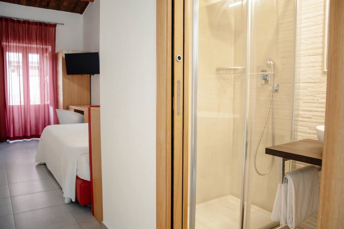 Quarto de hotel com cama, televis ão, chuveiro e porta de madeira.