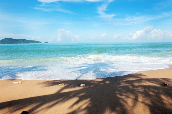 Perto da praia, guarda-sóis de praia, toalhas de praia
