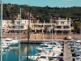 Marina com barcos atracados, uma ponte para pedestres e edifícios ao fundo.