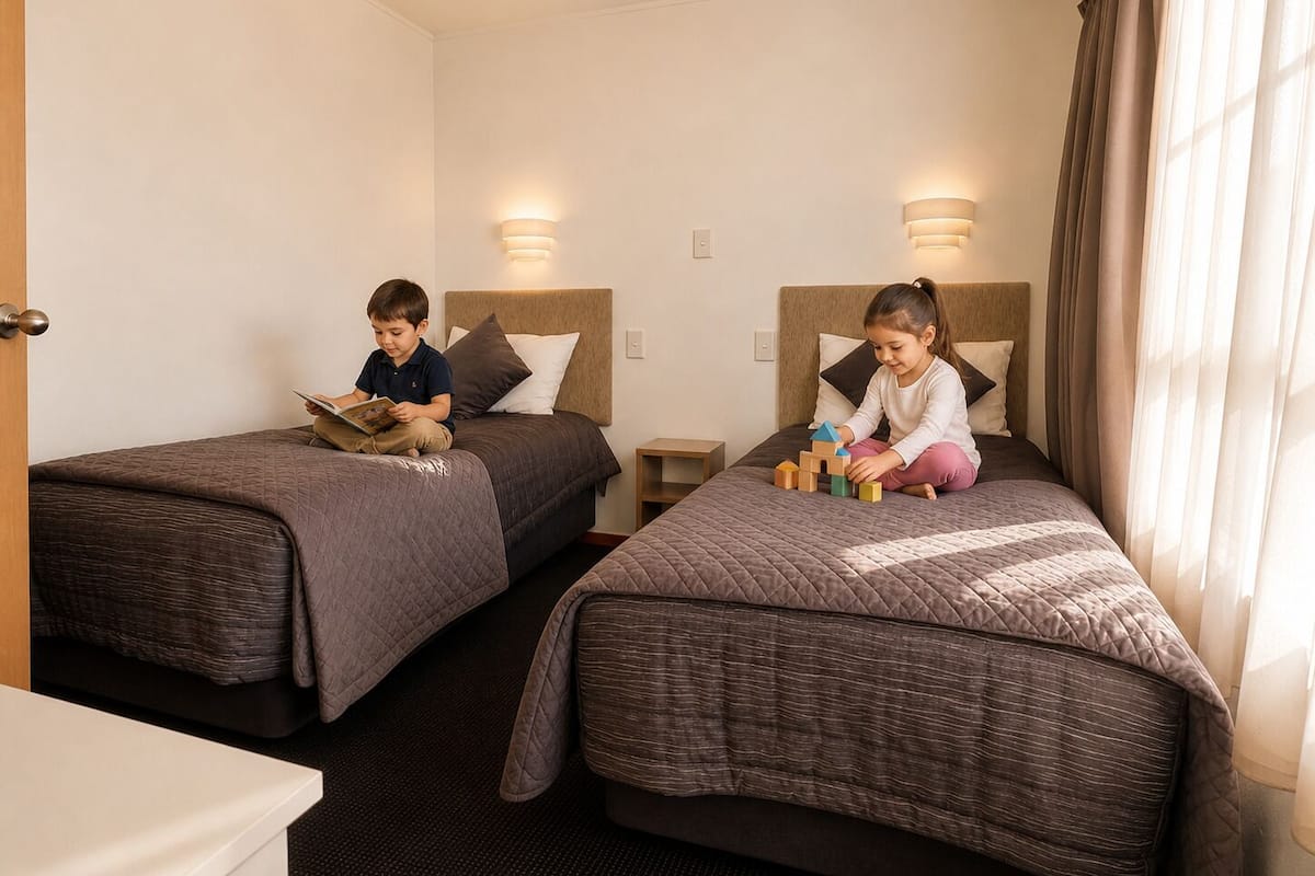 Duas camas com cabeceiras, uma mesa de cabeceira e uma janela com cortinas.