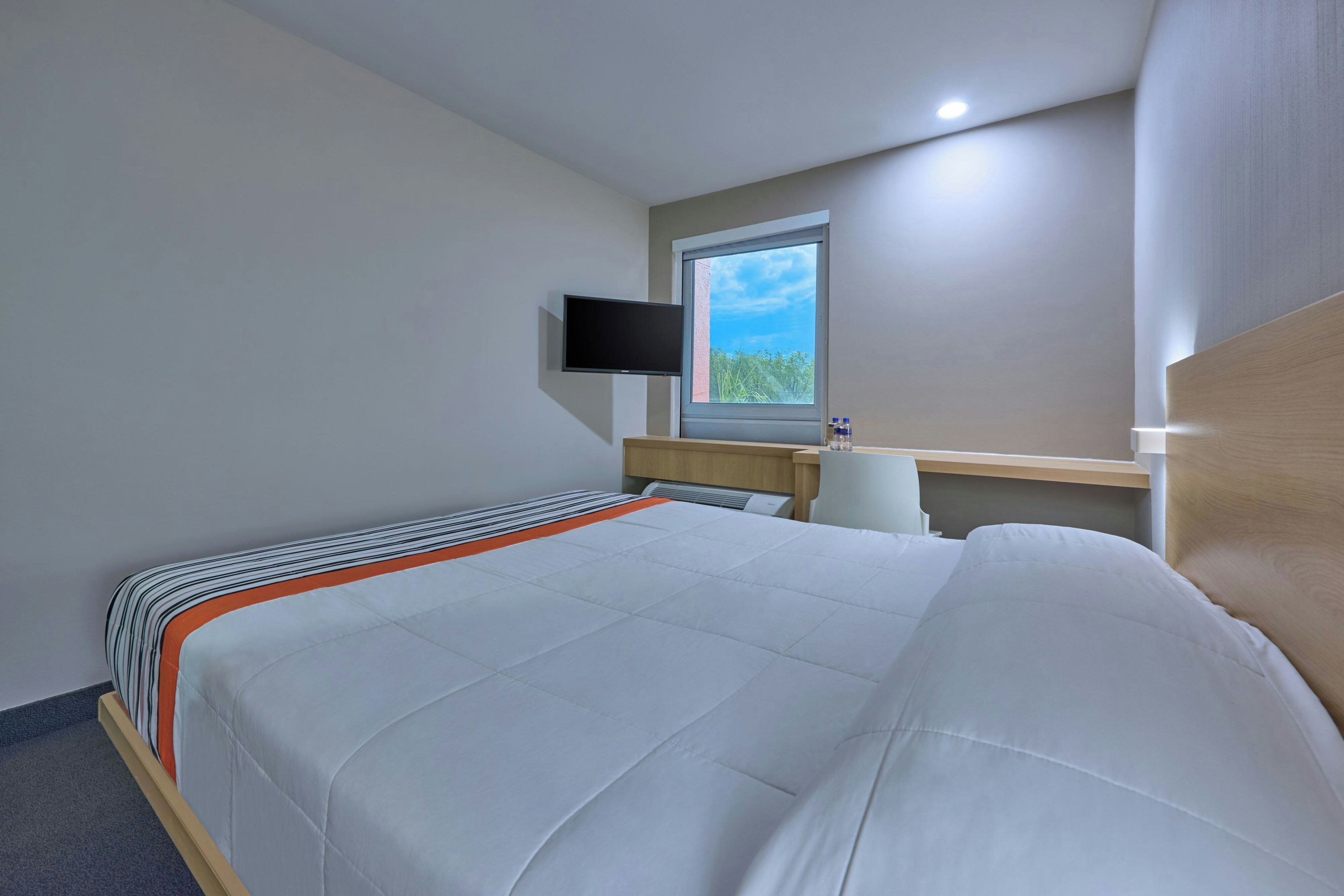 Quarto de hotel com cama, televisão de tela plana na parede, janela com vista para áreas verdes e mesa de cabeceira com abajur.
