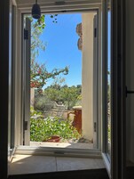 Vista pela janela, com céu claro, uma planta em vaso e uma mesa do lado de fora.