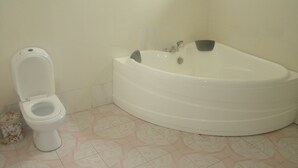 Um banheiro com vaso sanitário e banheira.