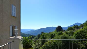 Uma varanda com vista para montanhas, um vaso de planta e um abajur.