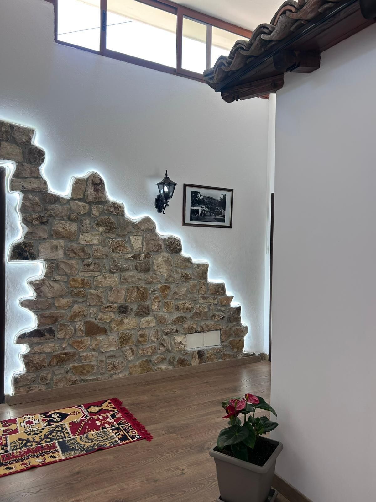 Quarto com parede de pedra, chão de madeira, planta em vaso, tapete e luminária fixada na parede.