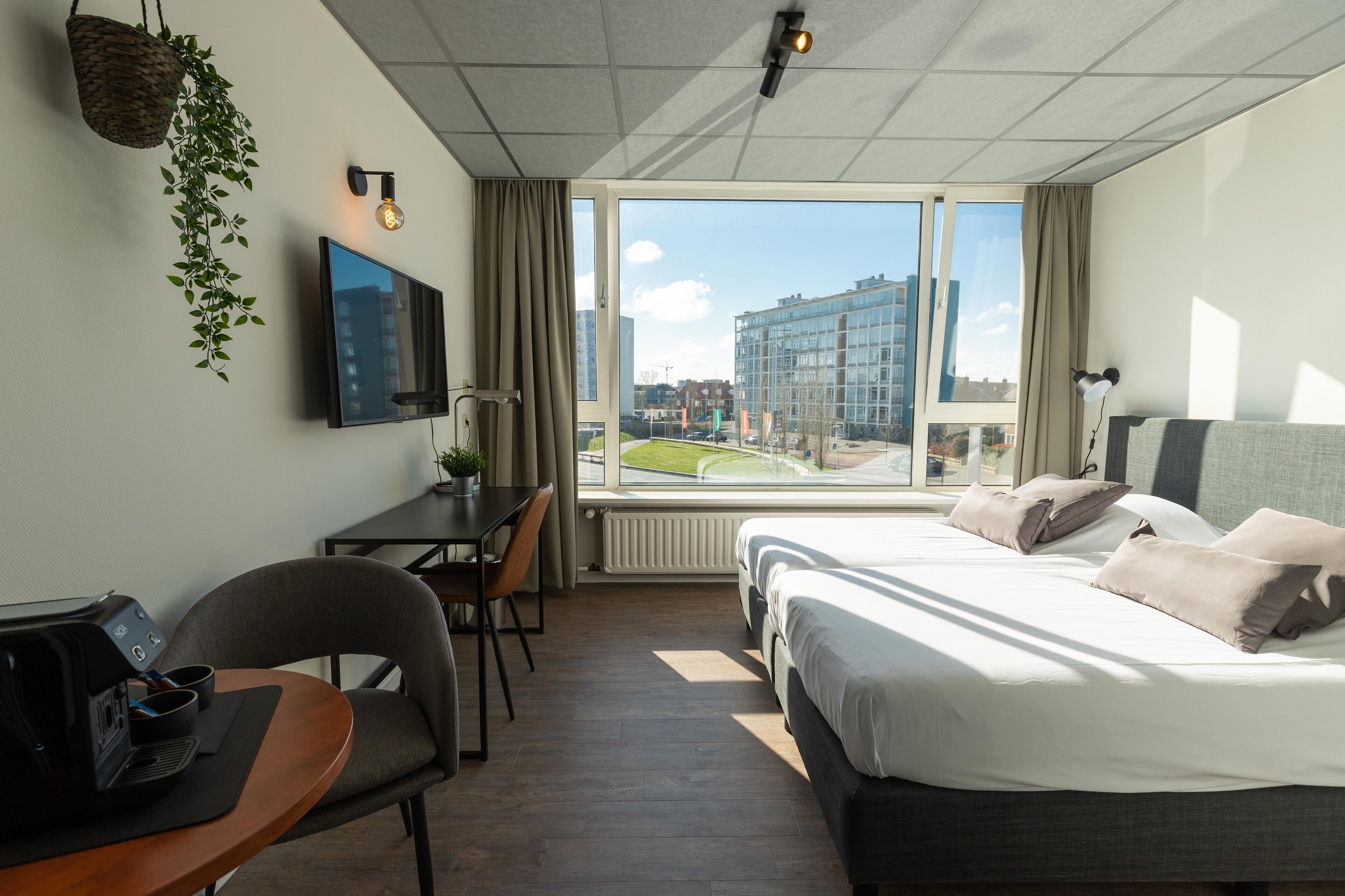 Quarto de hotel com cama, escrivaninha com cadeira, televisão, janela com vista para edifícios e planta pendente.