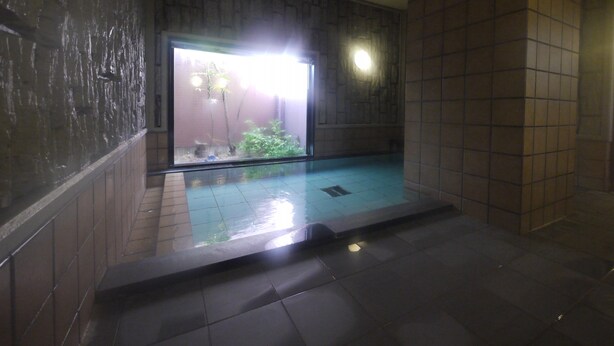 Uma área de piscina interior com pouca luz, paredes azulejadas e um elemento aquático visível.