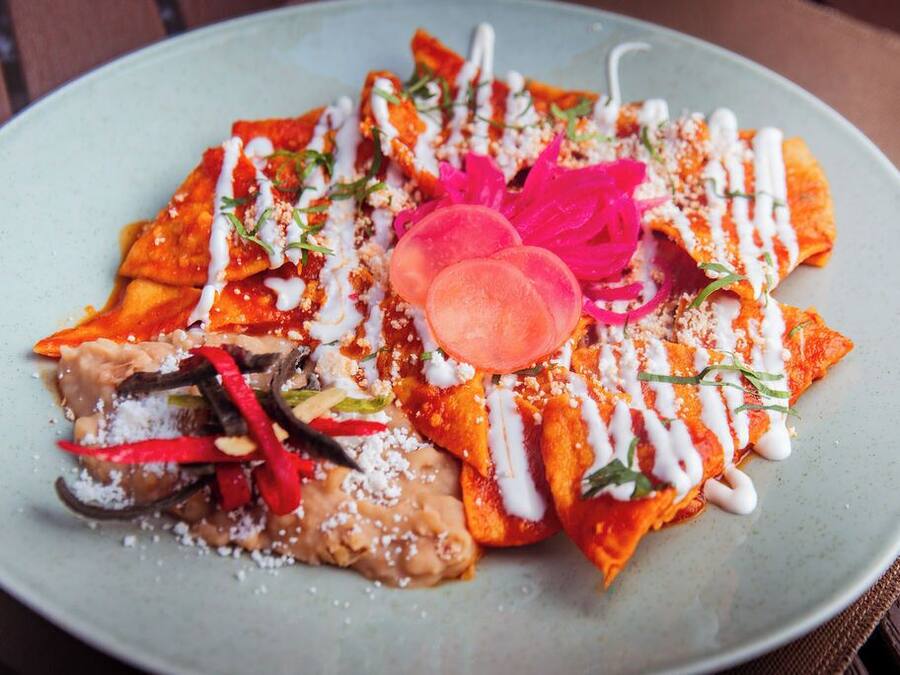 Um prato de nachos com acompanhamentos e molho branco.