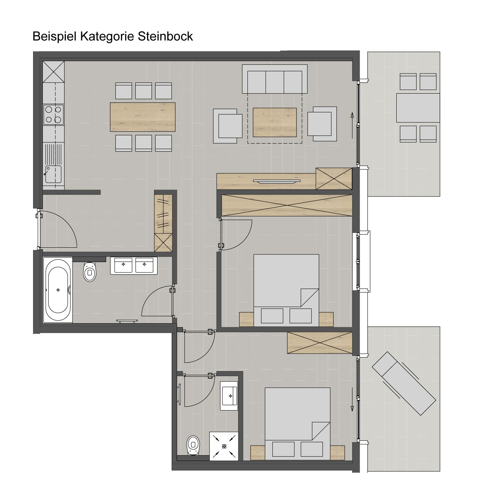 Planta baixa de um quarto de hotel com cozinha compacta, área de refeições, banheiro e quarto.