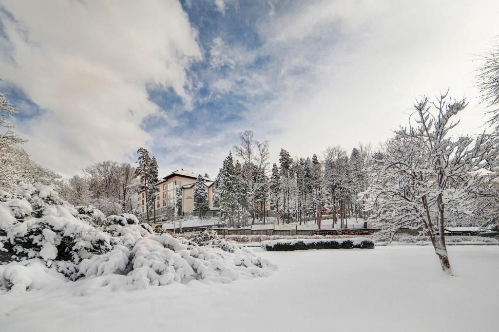 Paisagem coberta de neve com um edifício e árvores.