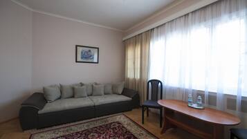 Uma sala de estar com sofá, mesa de jantar, uma cadeira, tapete e janela com cortinas.