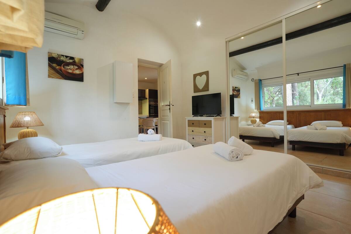 Quarto de hotel com duas camas, televisão, espelho e janela com vista para árvores.