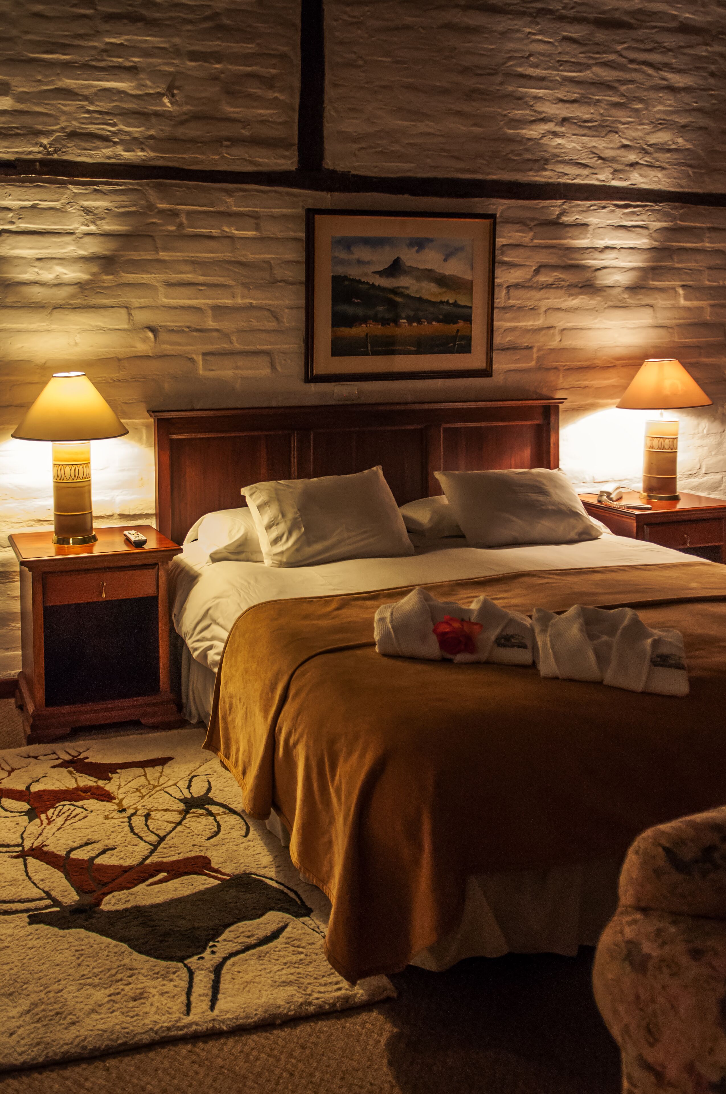 Quarto de hotel aconchegante com uma cama grande, duas luminárias de cabeceira, um quadro na parede e um tapete decorativo.