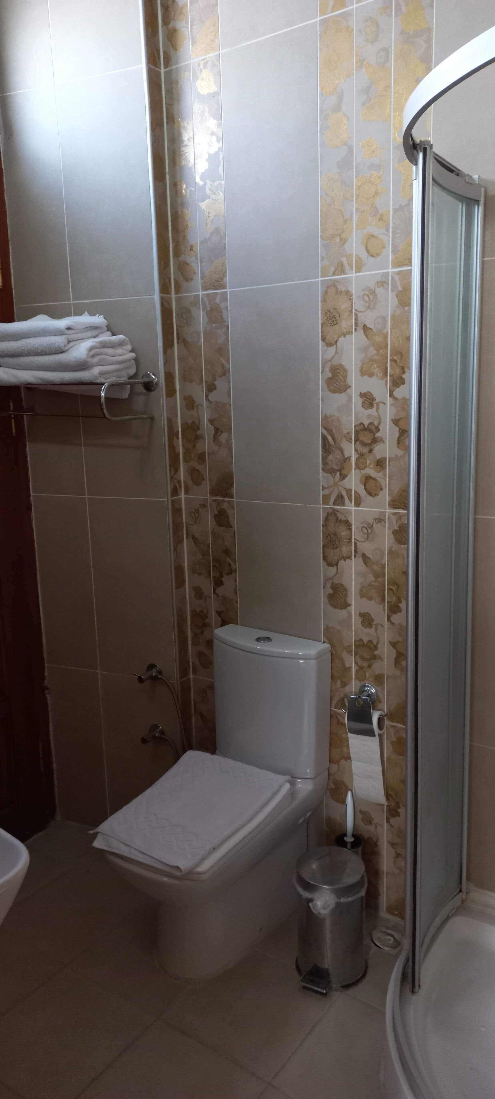 Casa de banho com sanita, bidé e cabine de duche.