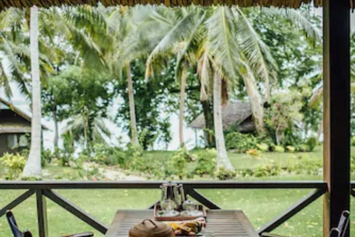 Um deck de madeira com uma mesa e cadeiras, com vista para um jardim exuberante com palmeiras.